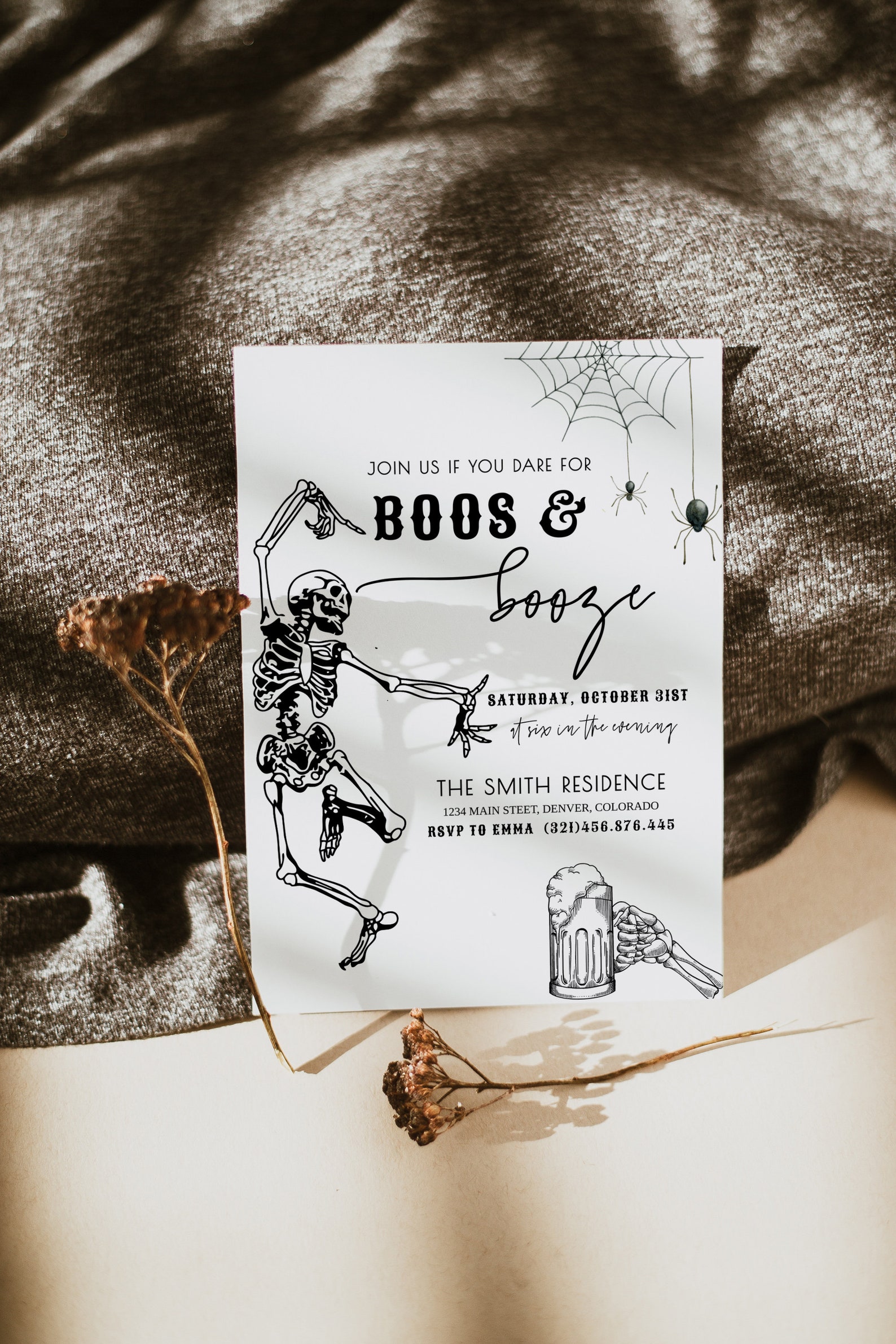 Skeleton Boos & Booze Halloween Party Invitation, Editable Halloween ...