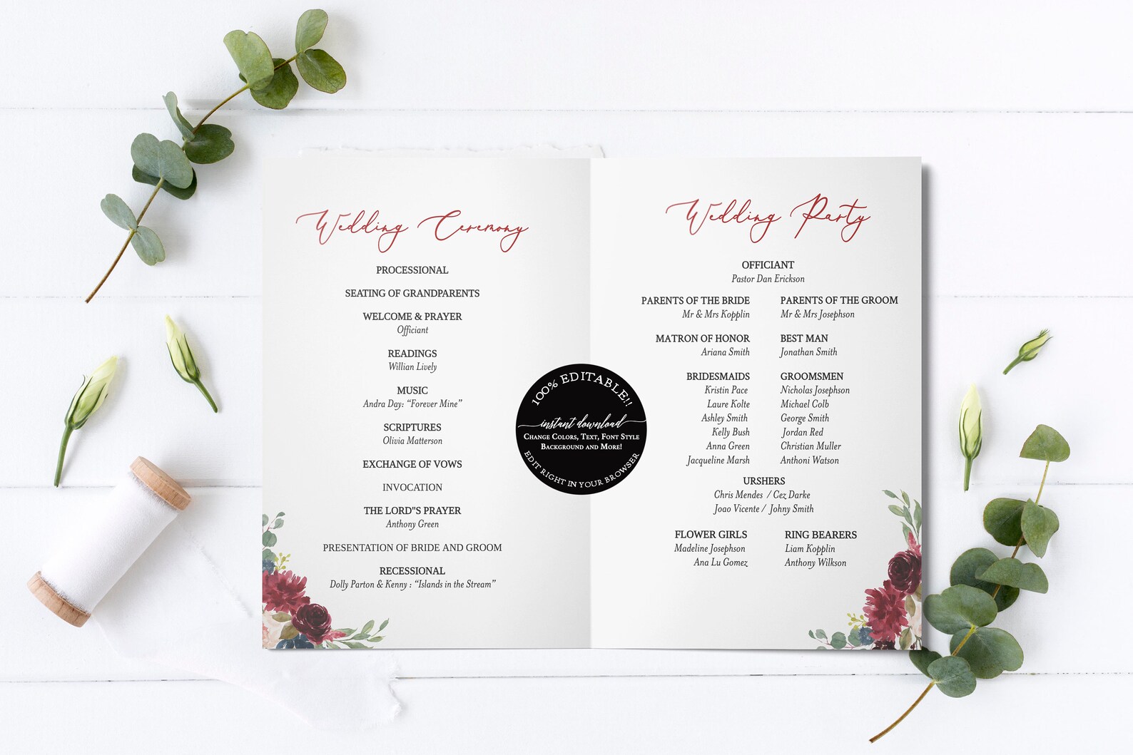Bi-fold Wedding Program Template, Burgundy Wedding Program Template ...
