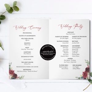 Bi-fold Wedding Program Template, Burgundy Wedding Program Template ...