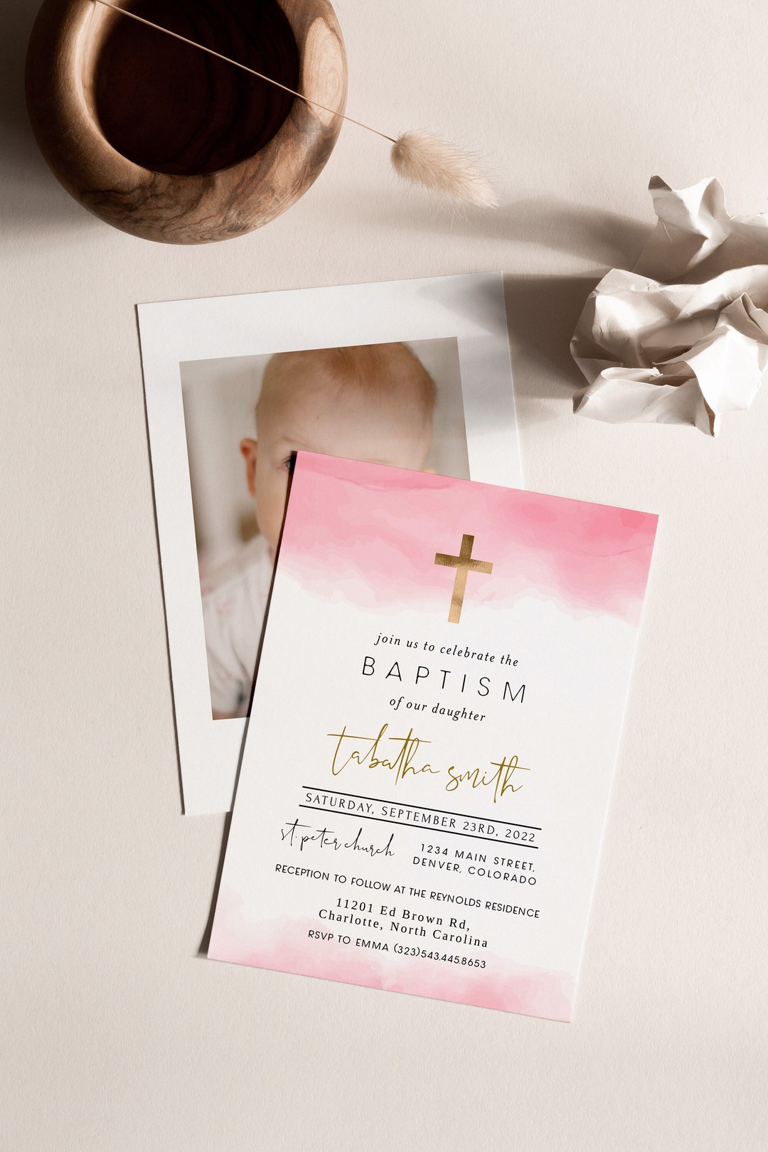 Pink Watercolor Baptism Invitation Template, Baptism Invitation Girl ...