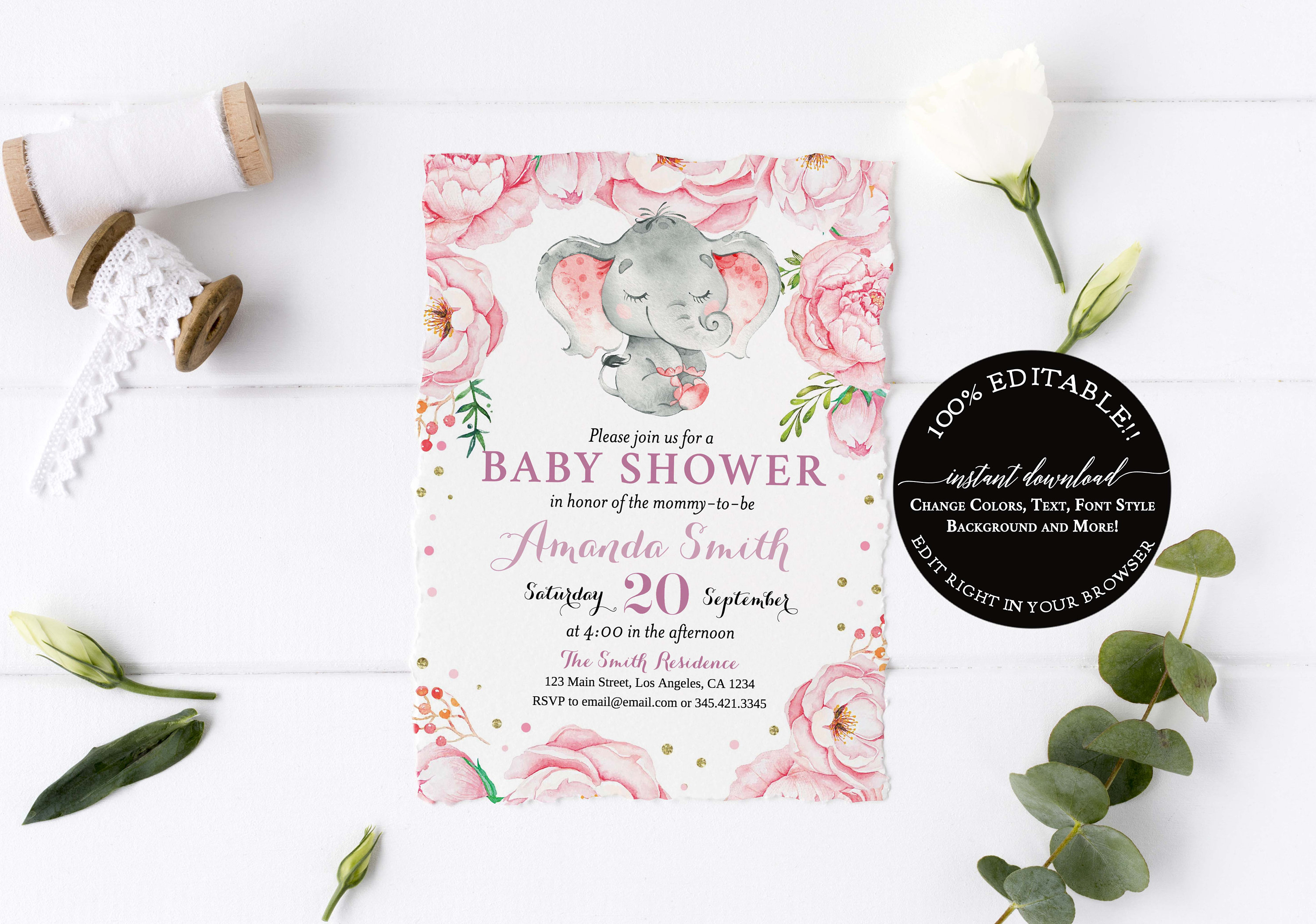 Girl Elephant Baby Shower Invitation Safari baby shower | Etsy