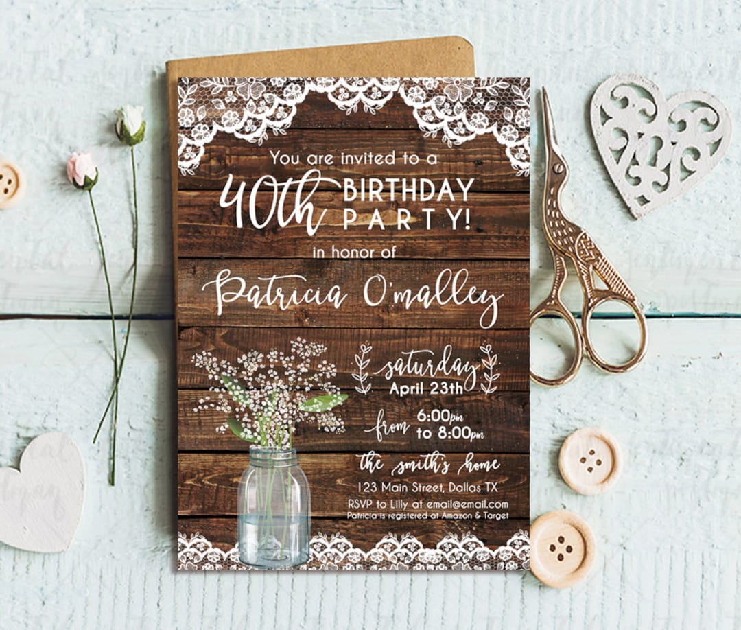 40th Birthday Invitation, Rustic Adult Birthday Invitation, Wood ...