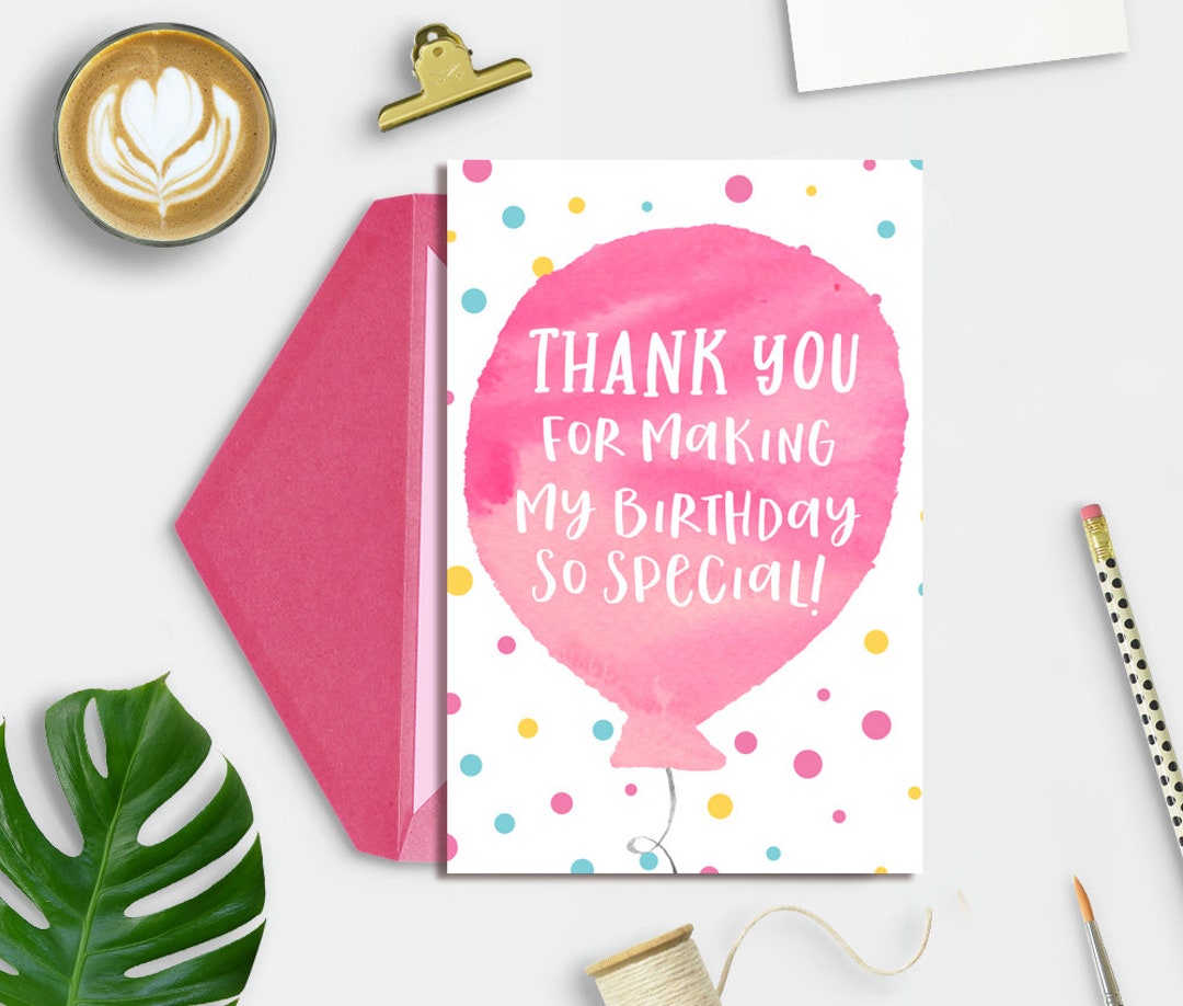 Thank You Card Birthday Printable, Balloon Birthday Thank You Card ...