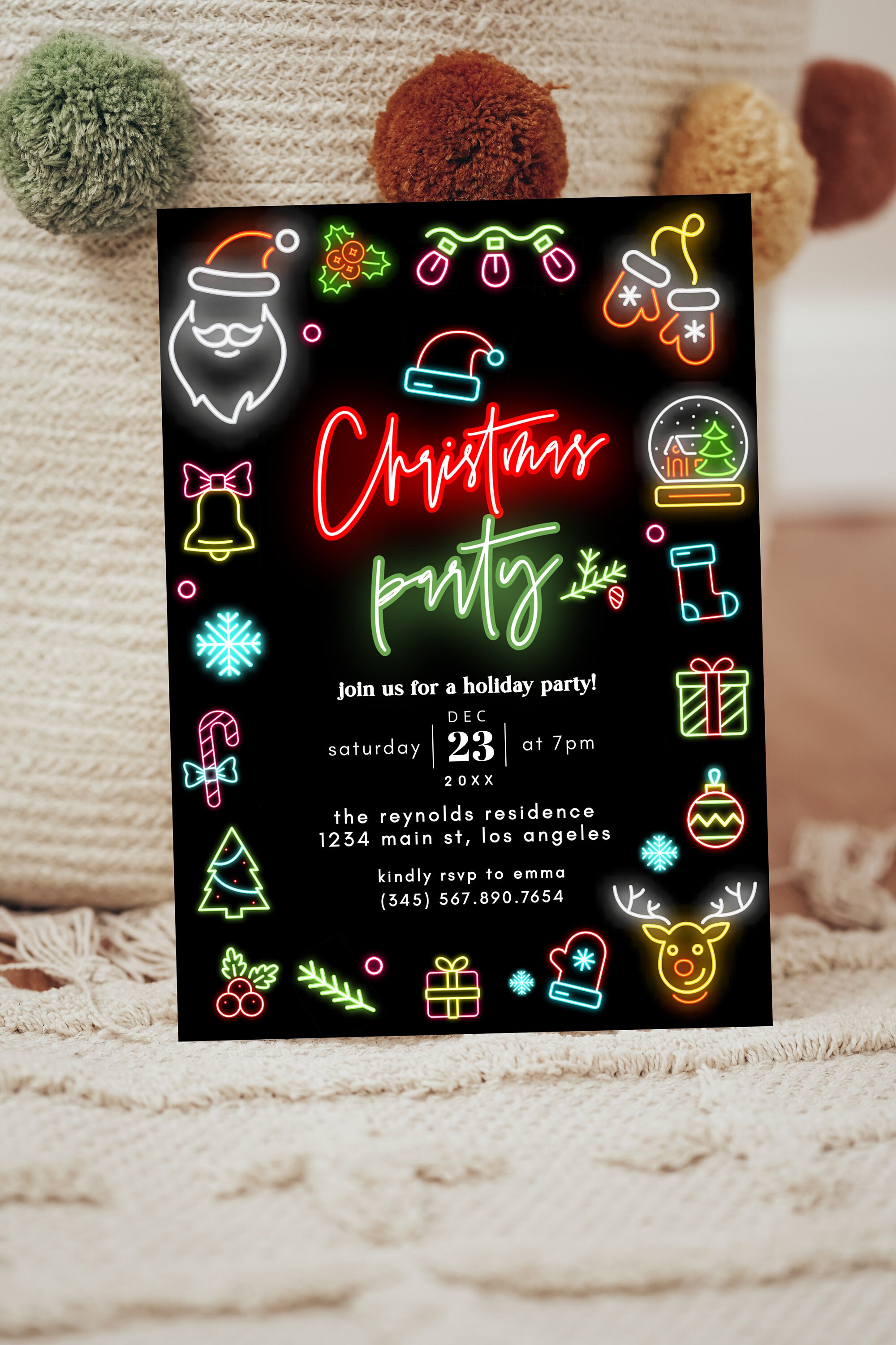 Neon Christmas Party Invitation, Neon Holiday Party Invitation Template ...