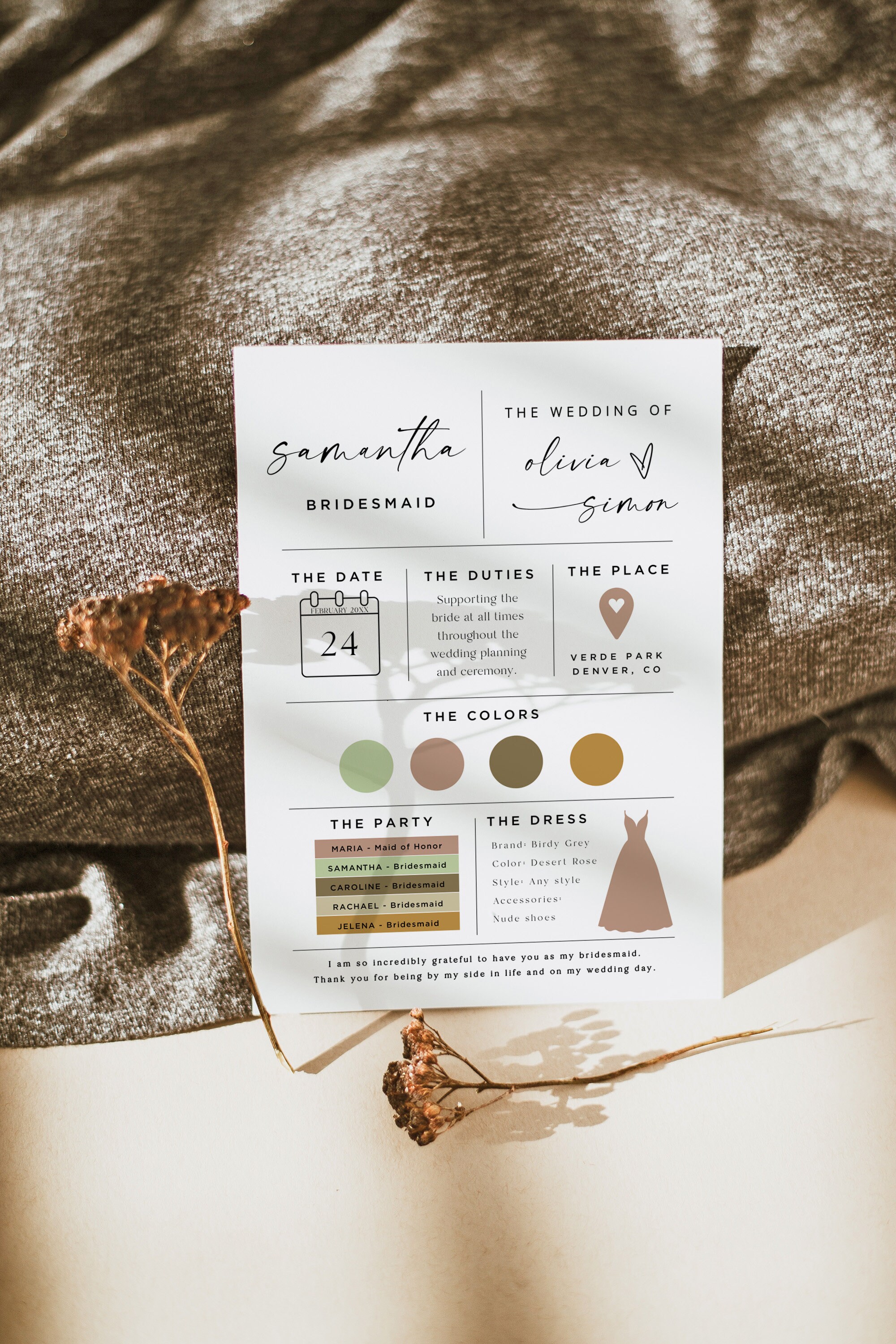 Bridesmaid Info Card Template Bridal Party Info Card - Etsy