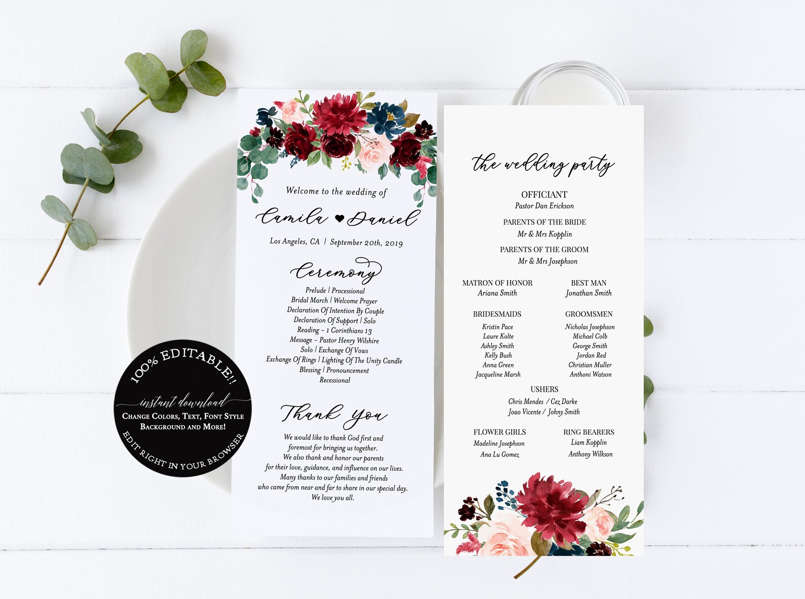 Fall Wedding Programs Template Burgundy Wedding Programs - Etsy