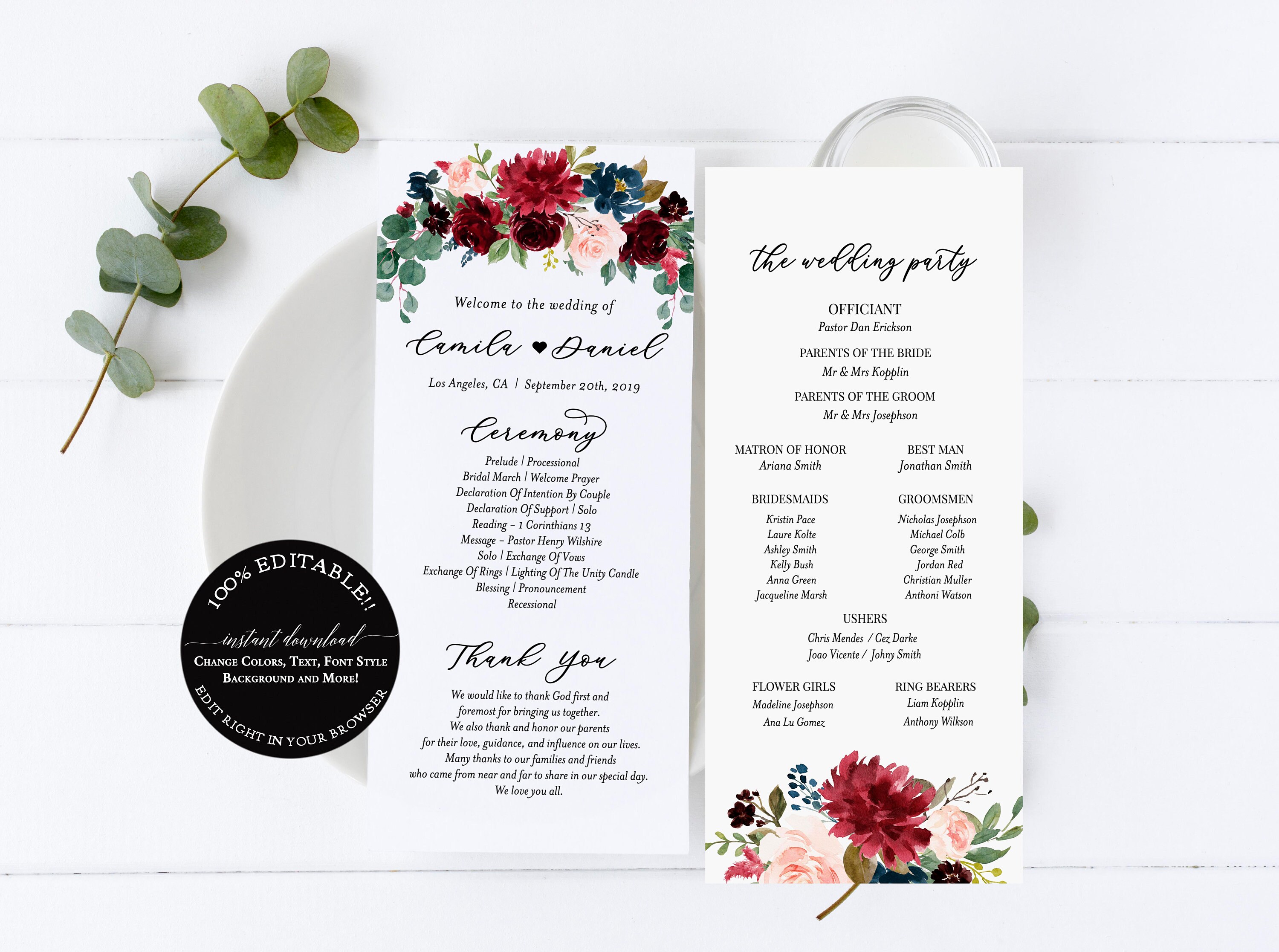 Fall Wedding Programs Template Burgundy Wedding Programs - Etsy