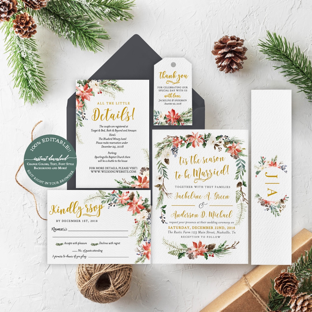 Holiday Wedding Invitation Template, Christmas Wedding Invitation ...