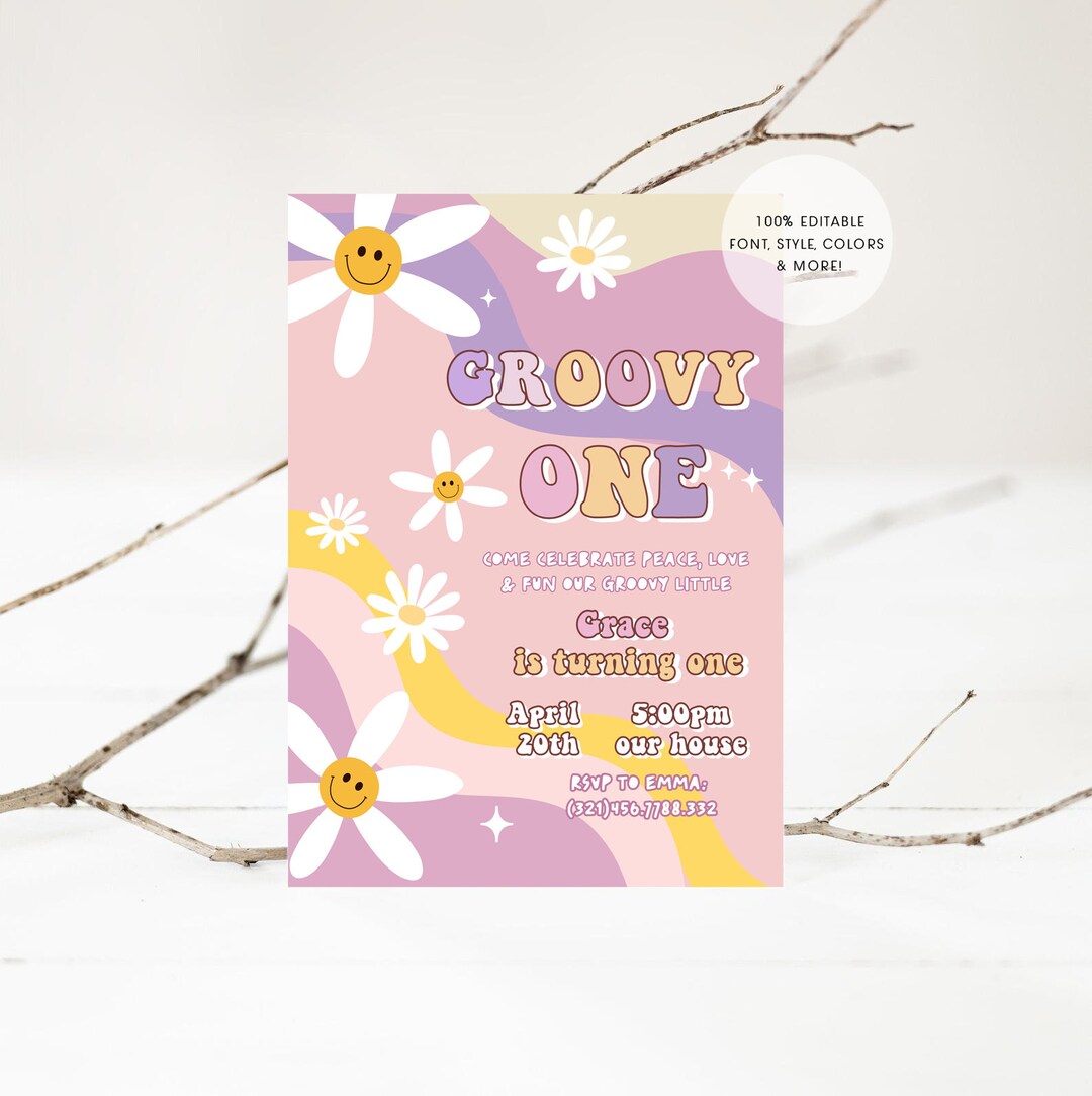 Editable Groovy One Birthday Party Invitation Peace Love Party Groovy ...