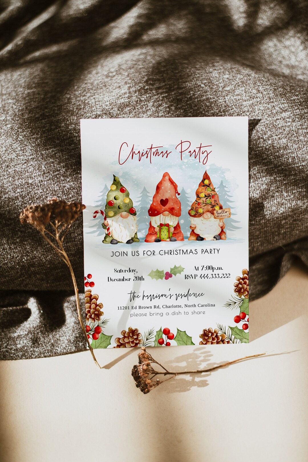 Christmas Gnome Invitation, Christmas Invitation Digital Download ...