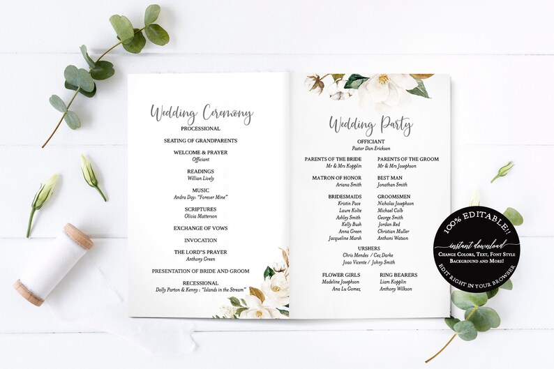 Wedding Programs Template Folded Magnolia Wedding Programs - Etsy