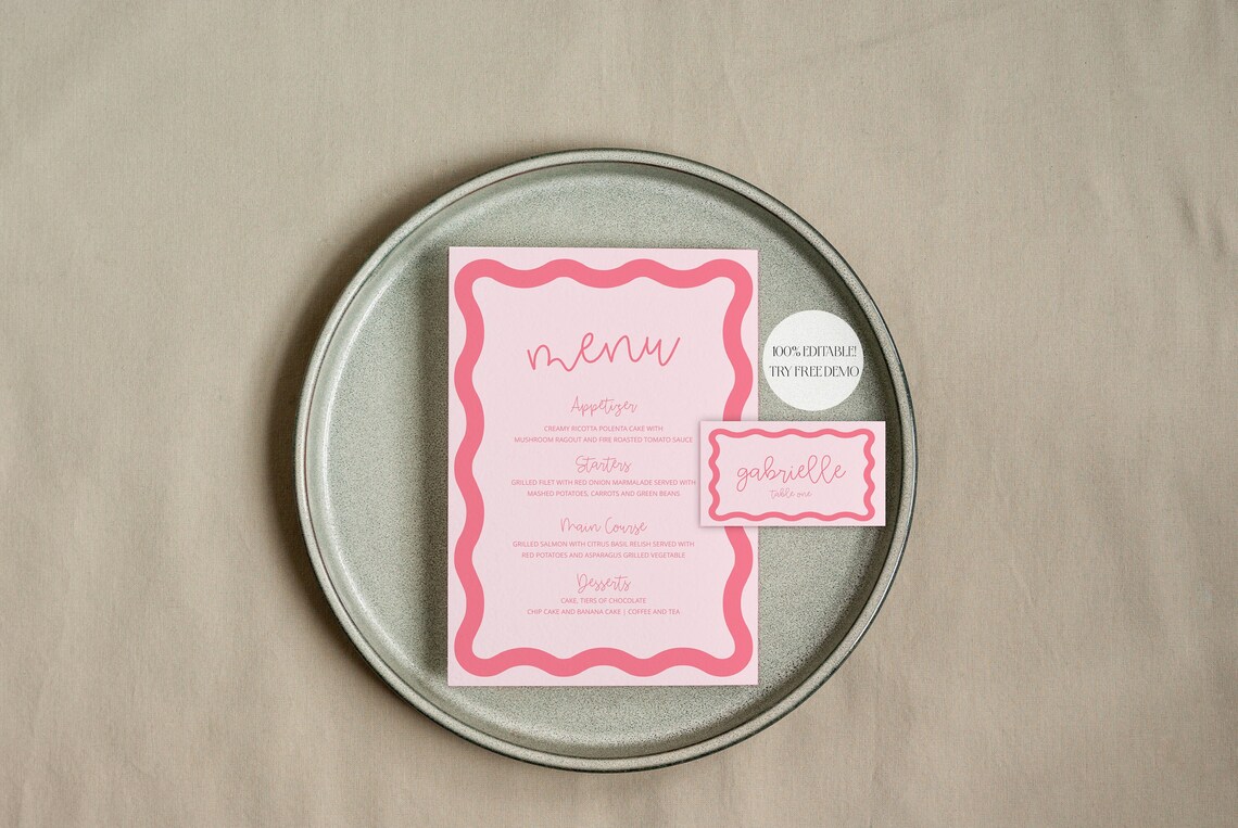 Wavy Menu and Place Card Template Groovy Wedding Menu & Name - Etsy
