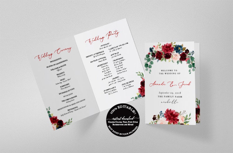 Bi-fold Wedding Program Template, Burgundy Wedding Program Template ...