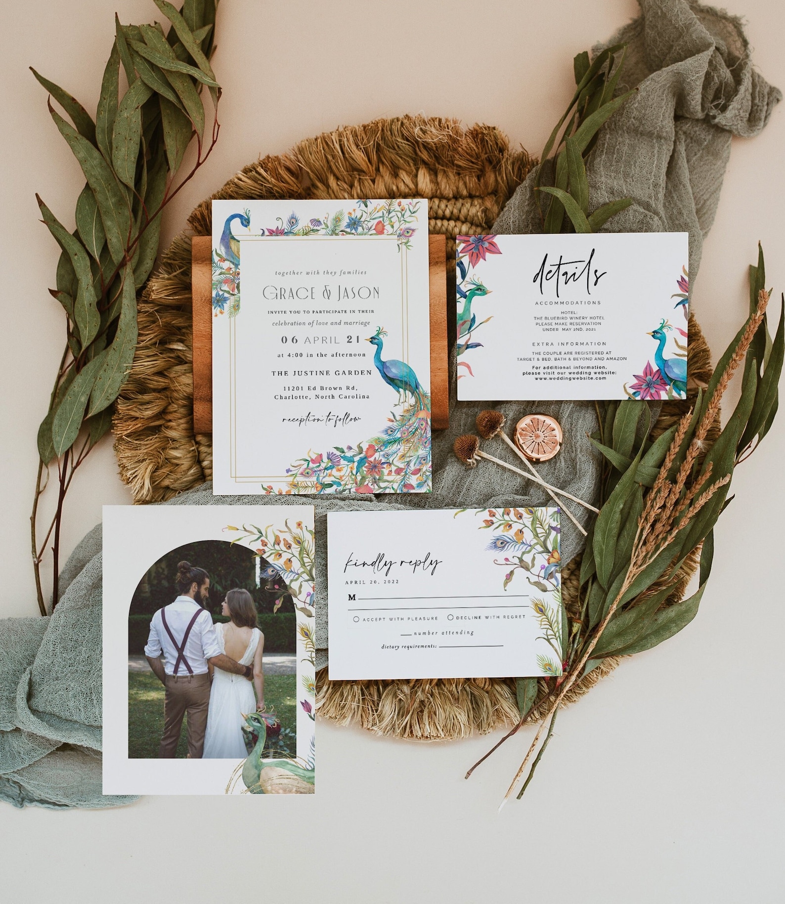 Julio Bohemian Wedding Invitation Template Peacock Wedding | Etsy