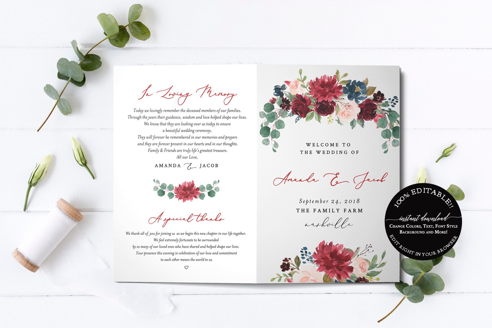 Bi-fold Wedding Program Template, Burgundy Wedding Program Template ...