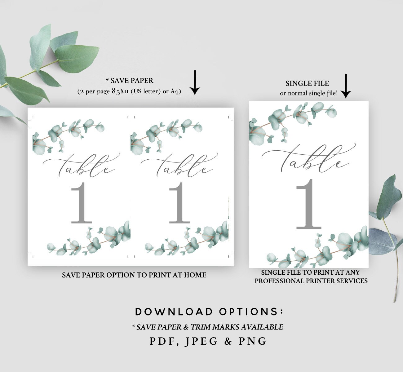 Eucalyptus Table Numbers Greenery Wedding Decor Printable | Etsy