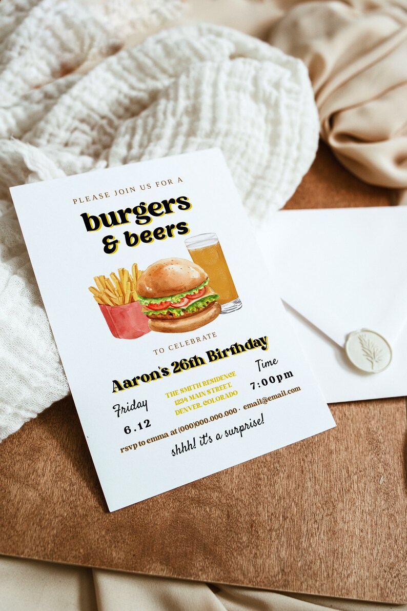 Burgers and Beers Party Invitation, Mens Birthday Invitation, Adult ...