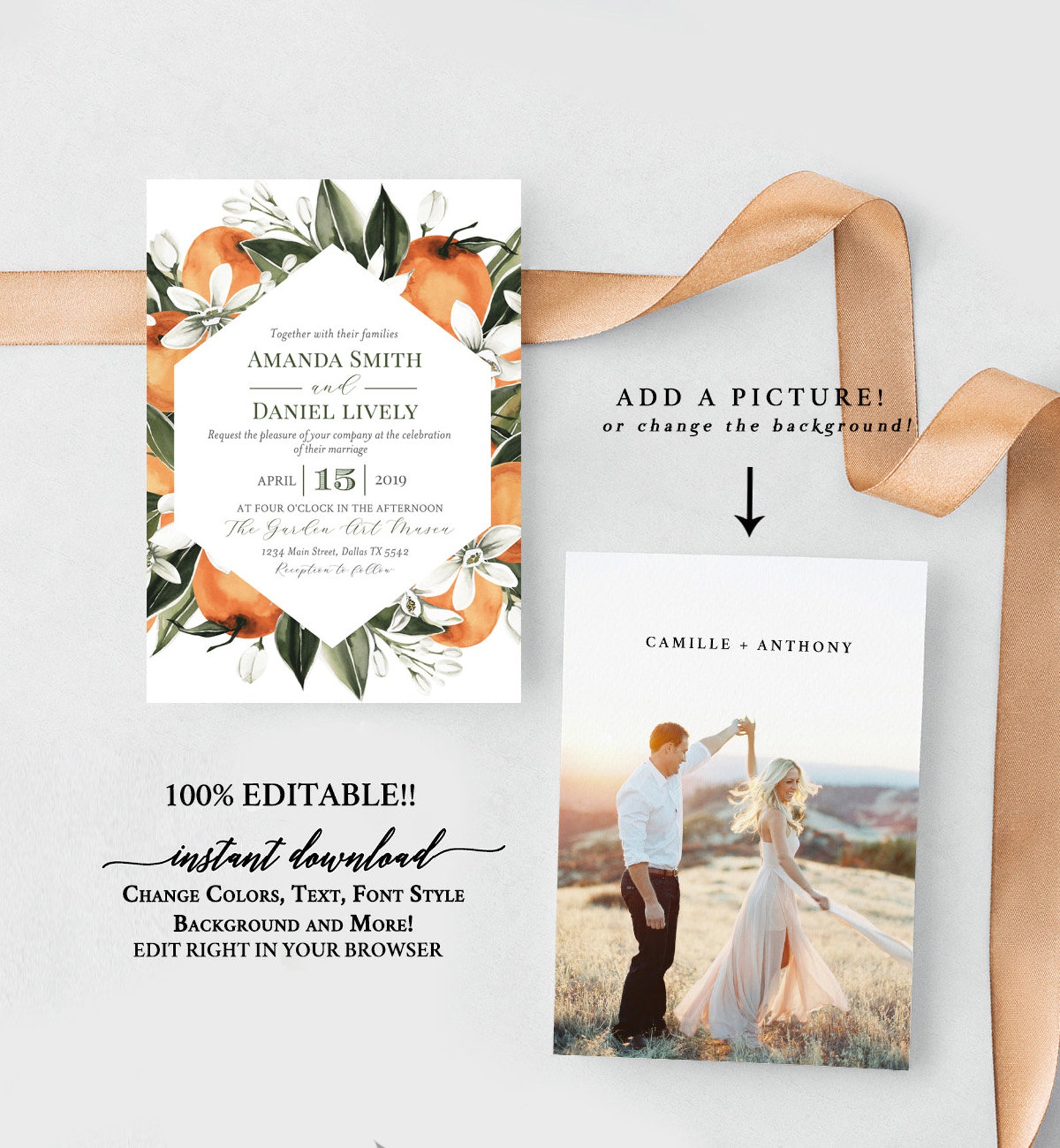 Orange Wedding Invitation Template Printable Editable Wedding - Etsy