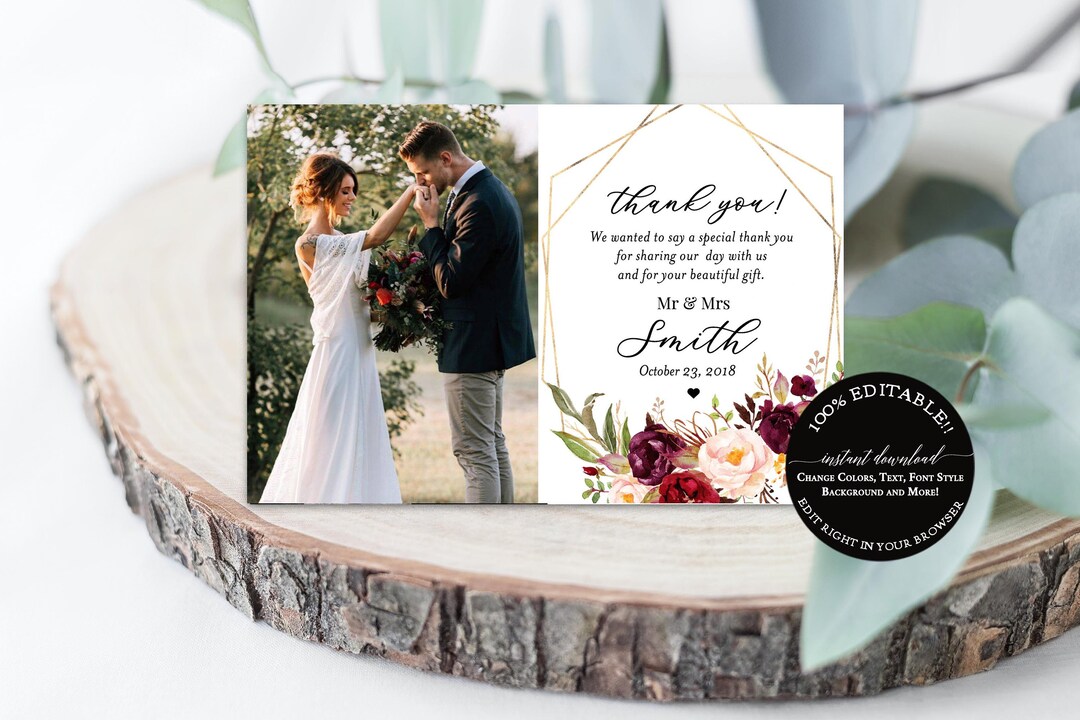 Fall Thank You Cards Wedding Template, Burgundy Wedding Thank You Photo ...