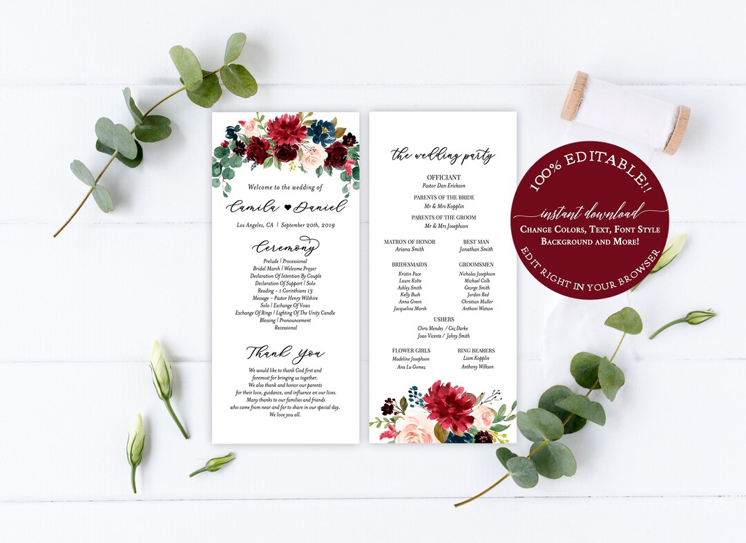 Fall Wedding Programs Template, Burgundy Wedding Programs, Wedding ...