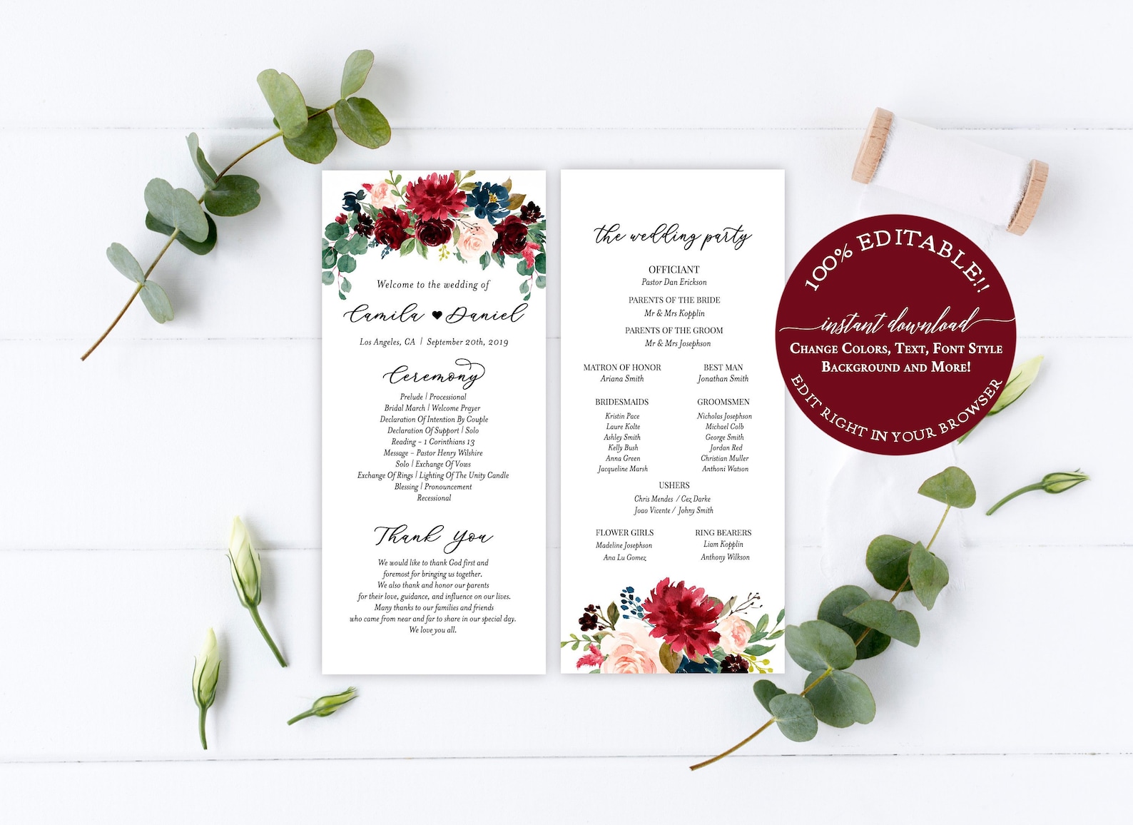 Fall Wedding Programs Template Burgundy Wedding Programs - Etsy