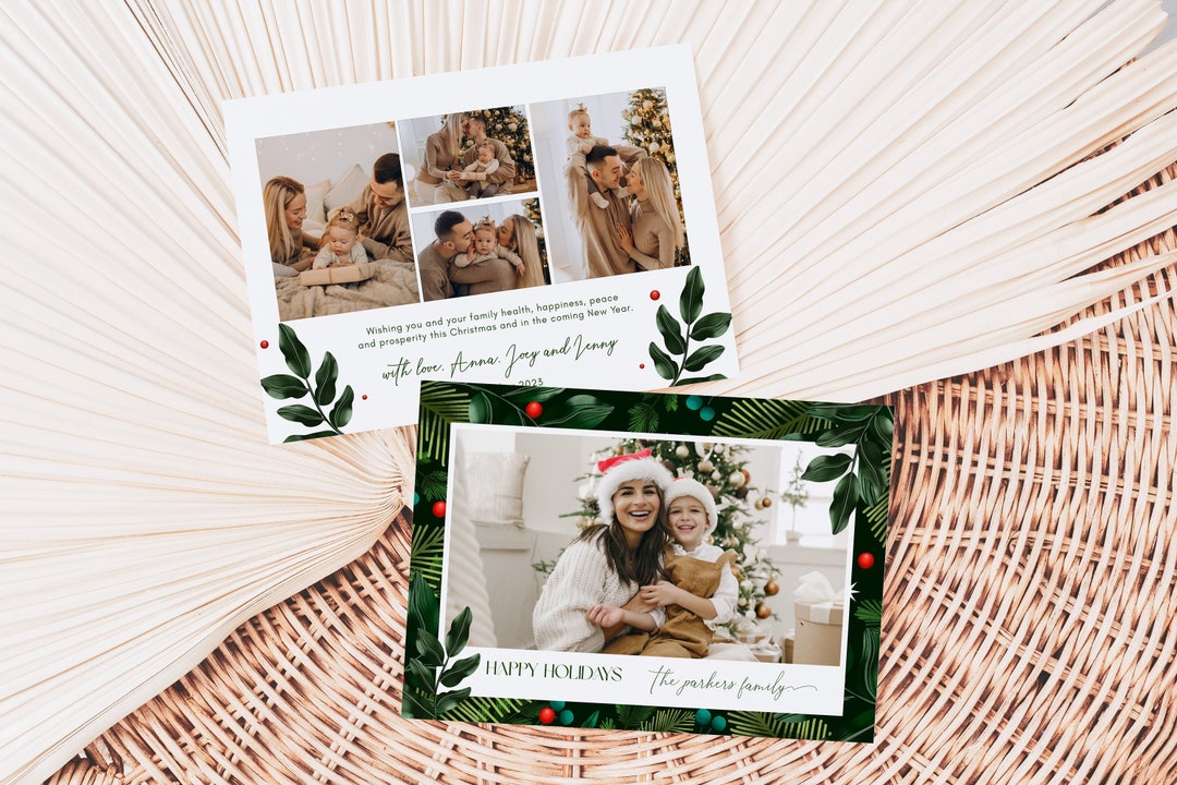Greenery Holiday Card Template, Modern Holly Photo Christmas Card ...