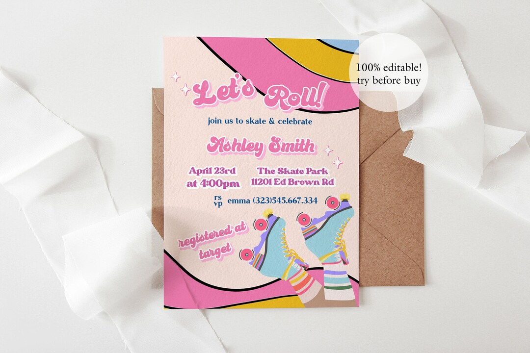Roller Skating Birthday Invitation, Let's Roll Roller Skate Party ...