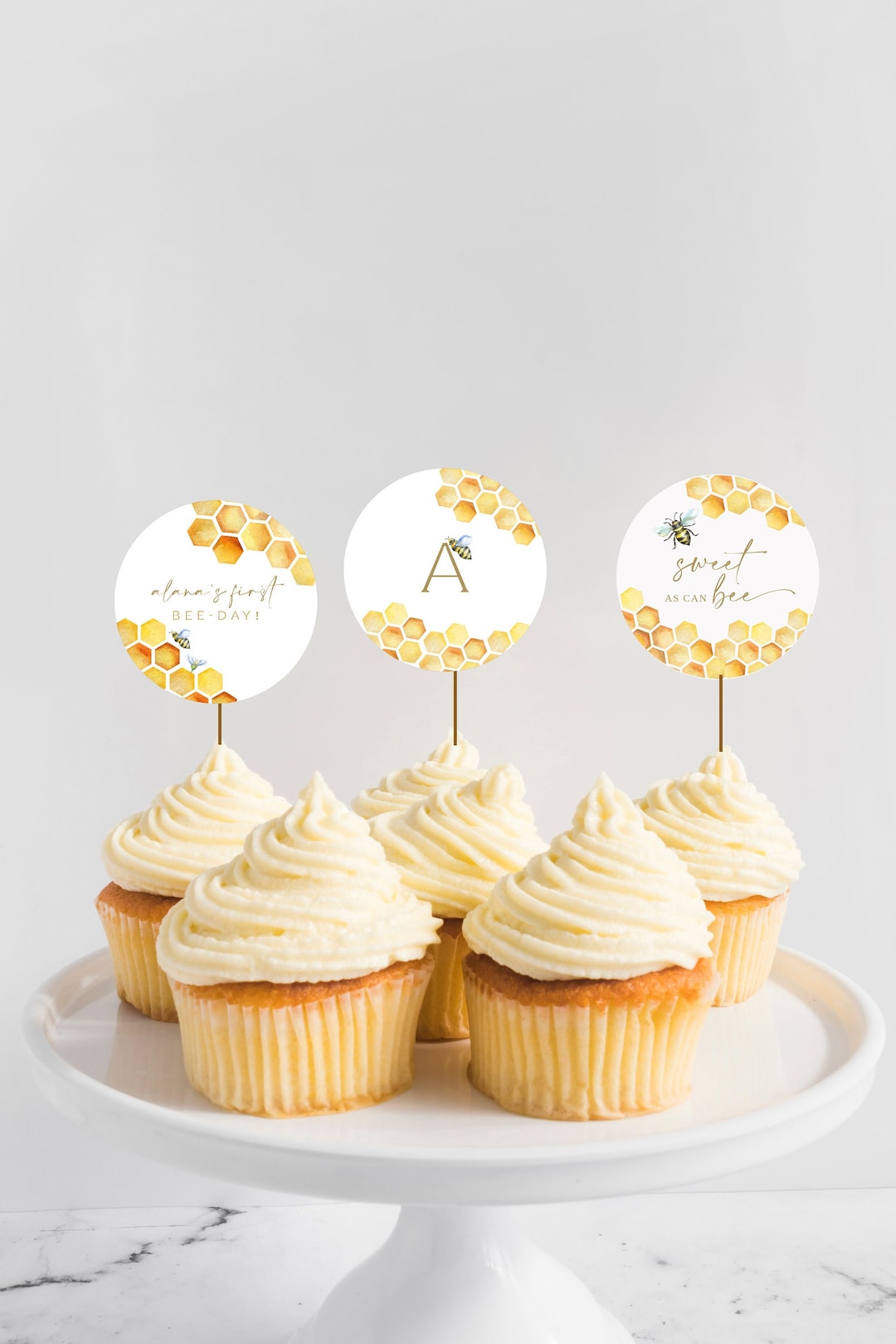 Bee Birthday Cupcake Toppers, Honey Bee-day Cake Toppers, Honeycomb ...