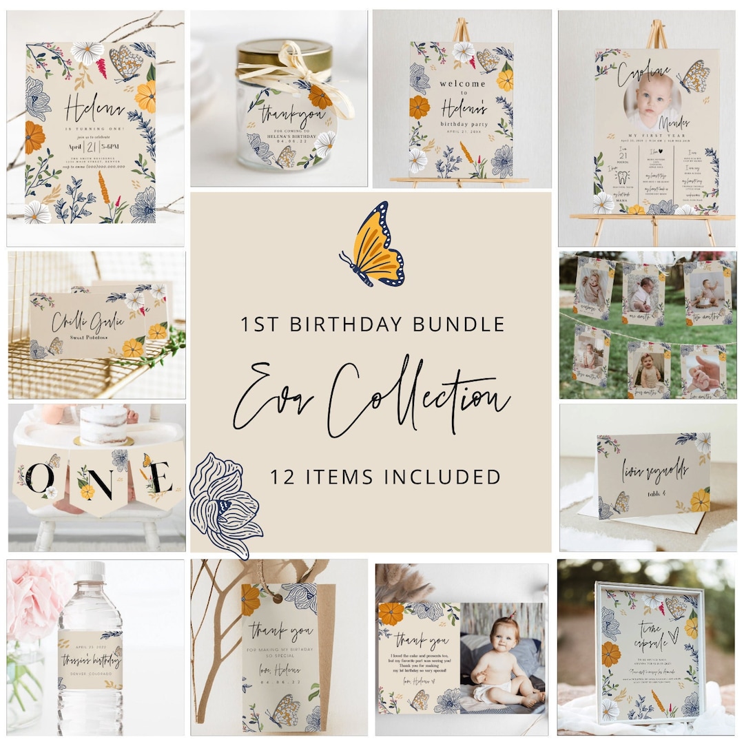 EVA | Wildflower 1st Birthday Bundle Template Printable, Boho Floral ...