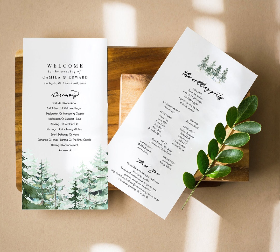 Printable Rustic Order of Service, Pine Wedding Program Template, Mountain Wedding Program, Lake ...