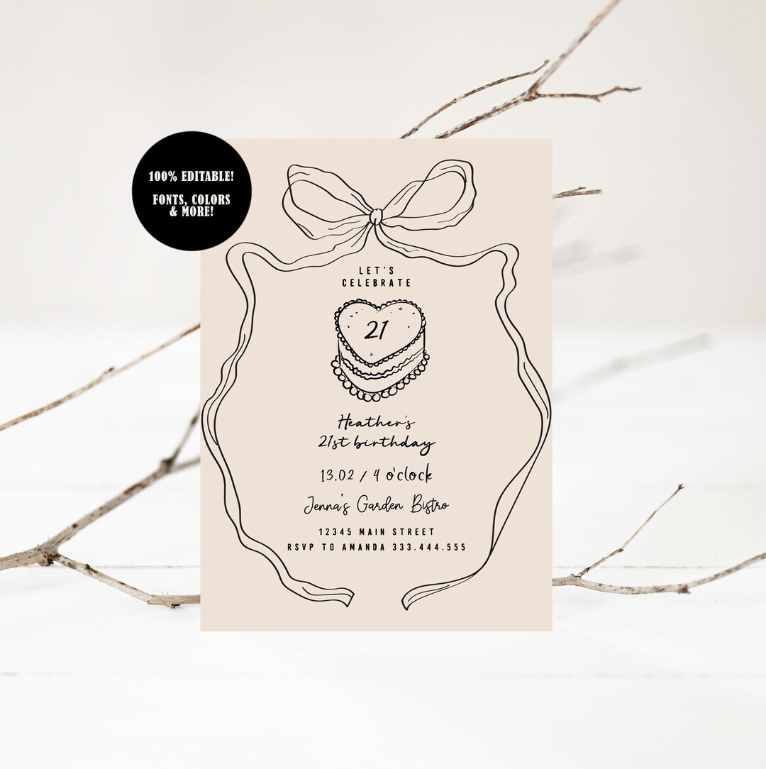 Heart Cake Birthday Invitation, Hand Draw Birthday Invitation, Dinner ...