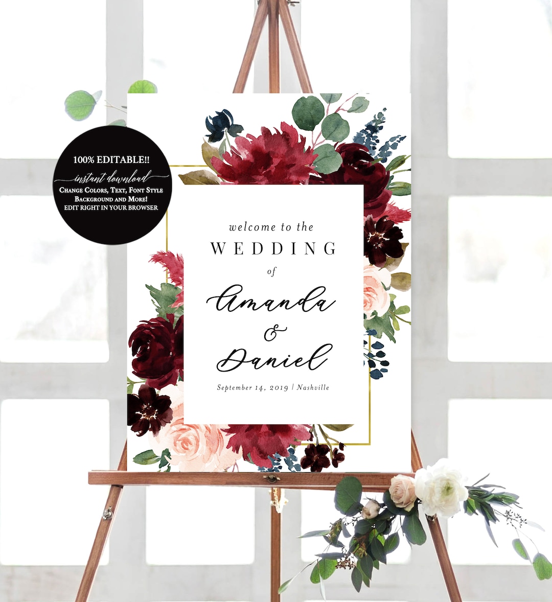 Burgundy Welcome Sign Template, Editable Welcome Sign, Wedding Poster ...