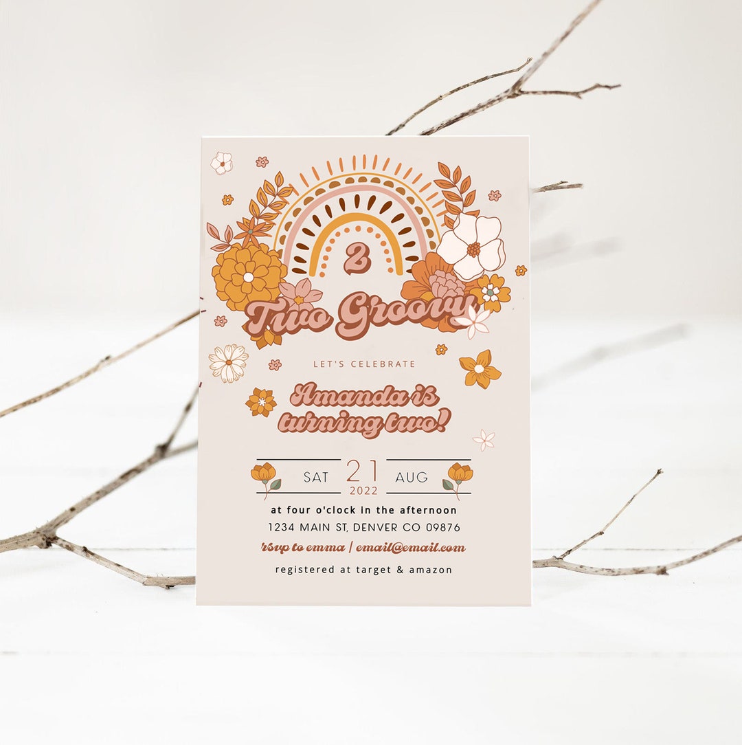 Two Groovy Birthday Invitation Template, Boho Rainbow Hippie Birthday ...