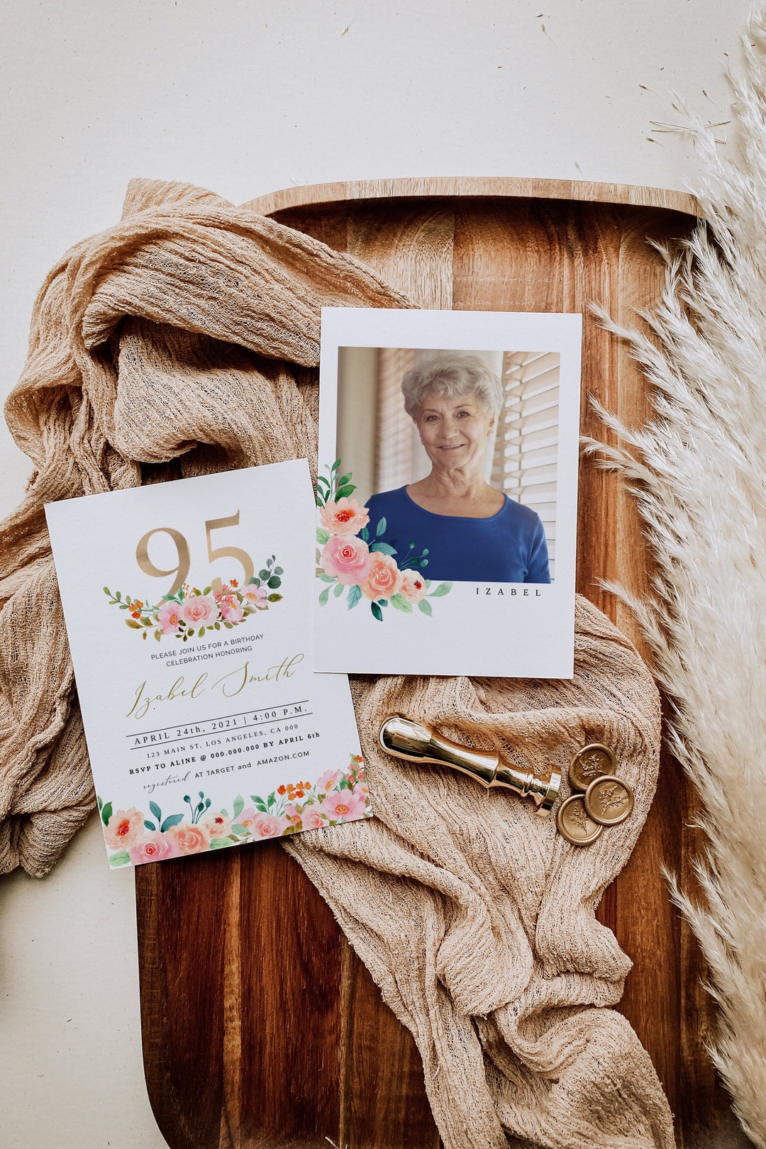 95th Birthday Invitation, Elegant 95th Birthday Invite, Floral Elegant ...