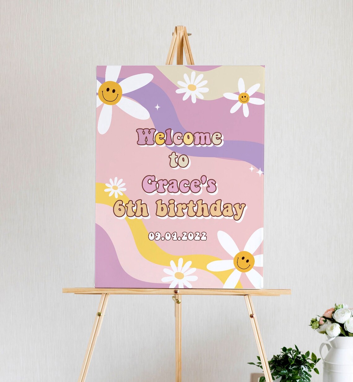 Daisy Groovy Birthday Welcome Sign Template, Editable Groovy Birthday ...