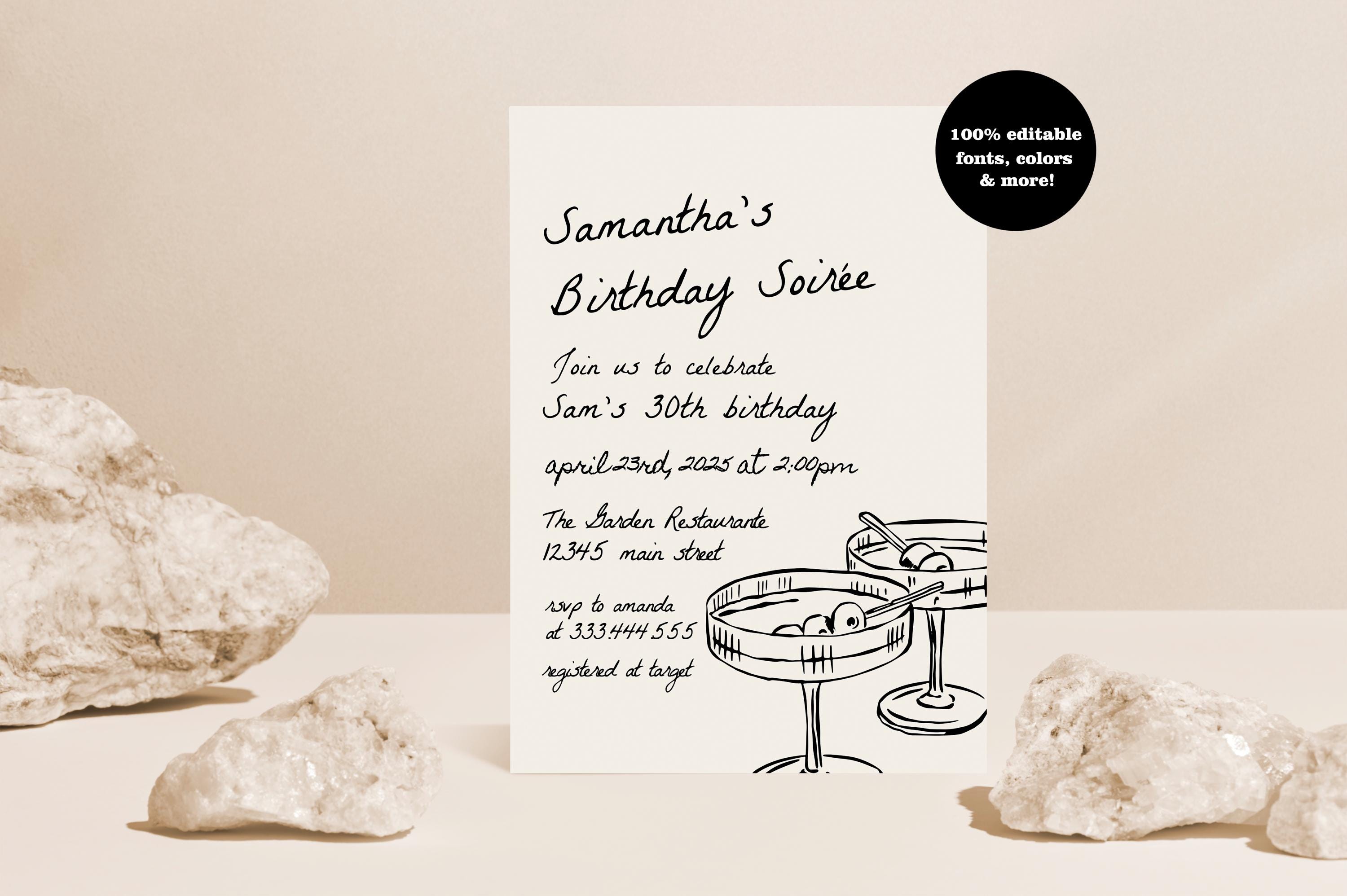 Editable Birthday Party Invitation, Hand Drawn Scribble Cocktail ...