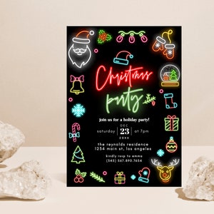 Neon Christmas Party Invitation, Neon Holiday Party Invitation Template ...