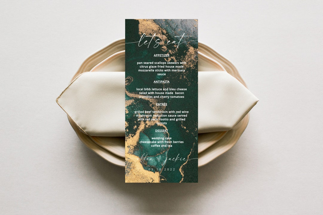 Emerald Watercolor Menu Template, Printable Hunter Green & Gold Wedding ...