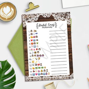 Emoji Pictionary Game, Bridal Shower Emoji Pictionary, Rustic Bridal ...