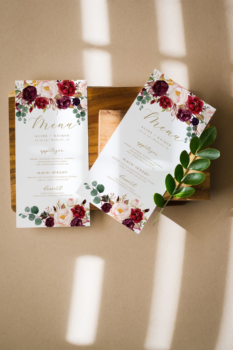 Rustic Wedding Menu Template Editable Wedding Menu Burgundy | Etsy