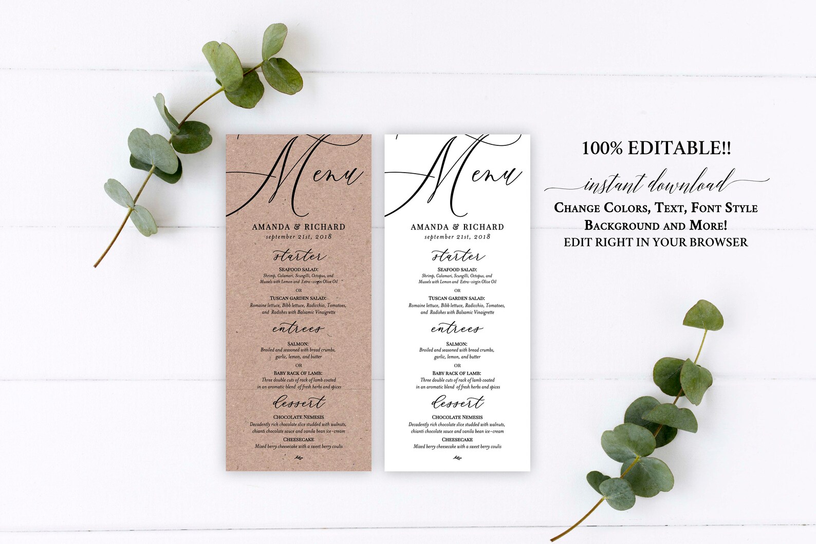 Wedding Menu Template Printable DIY Wedding Menu Cards Menu - Etsy
