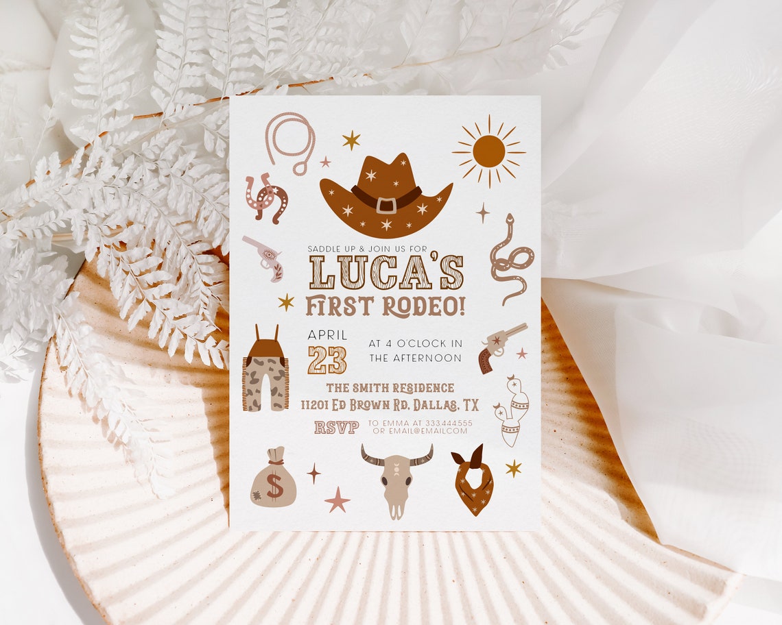 THEO First Rodeo Birthday Invitation Boy Cowboy Birthday - Etsy