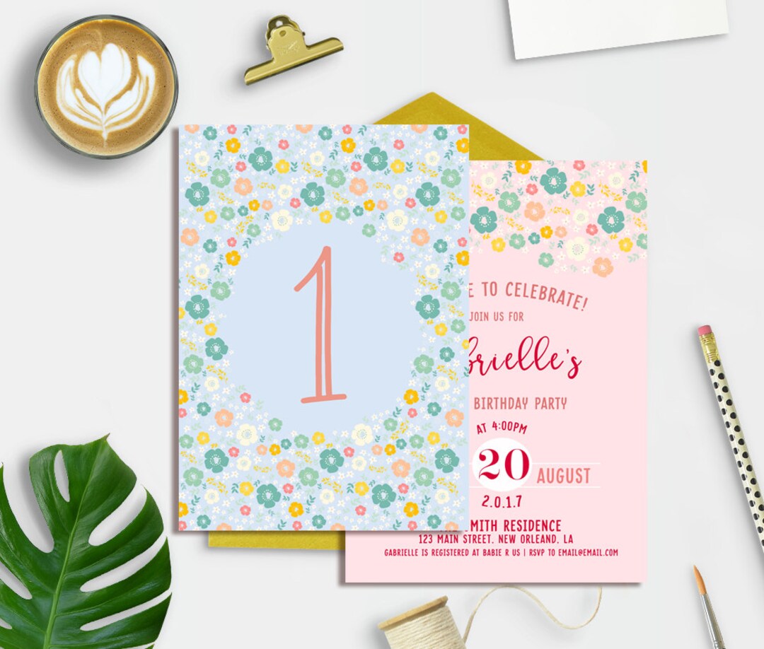One 1st Birthday Invitation Printable. Floral 1st Birthday - Etsy