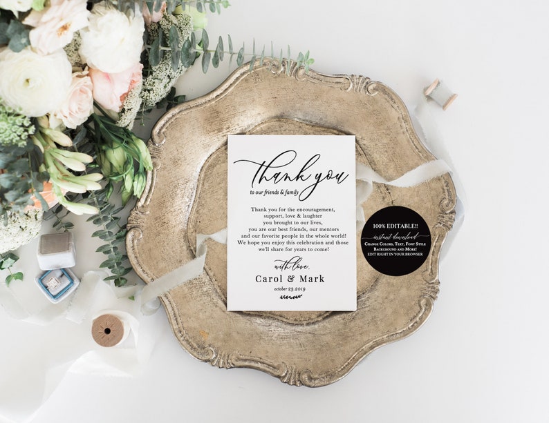 Wedding Table Thank You Card Template Printable Thank You - Etsy