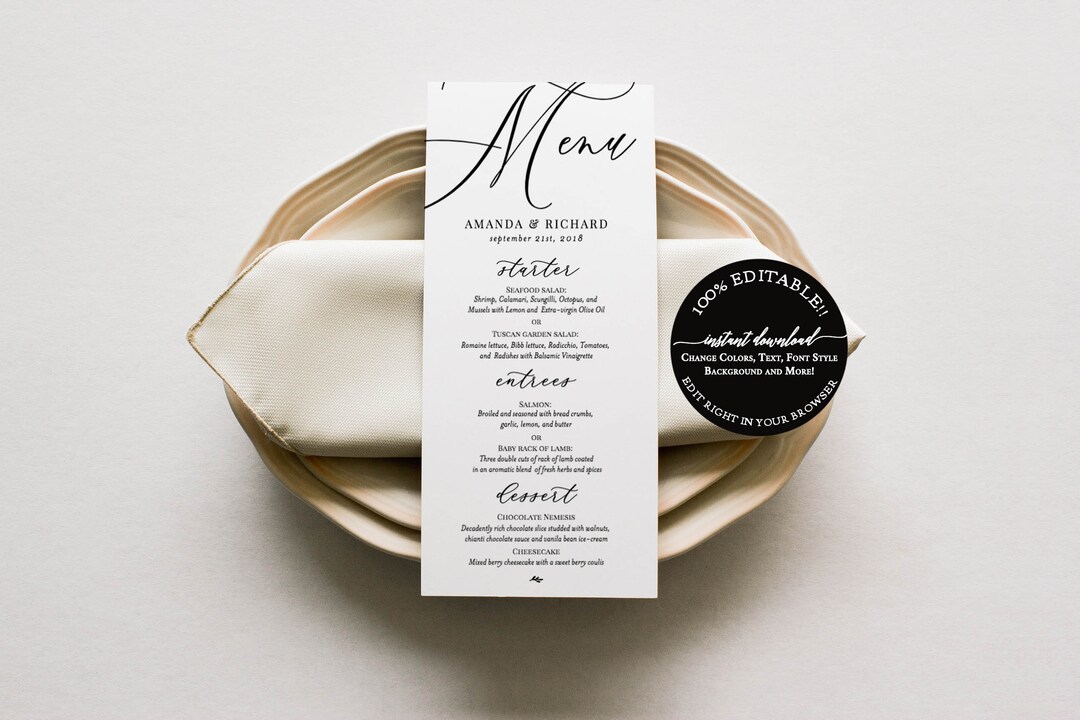 Wedding Menu Template Printable DIY Wedding Menu Cards Menu Card ...