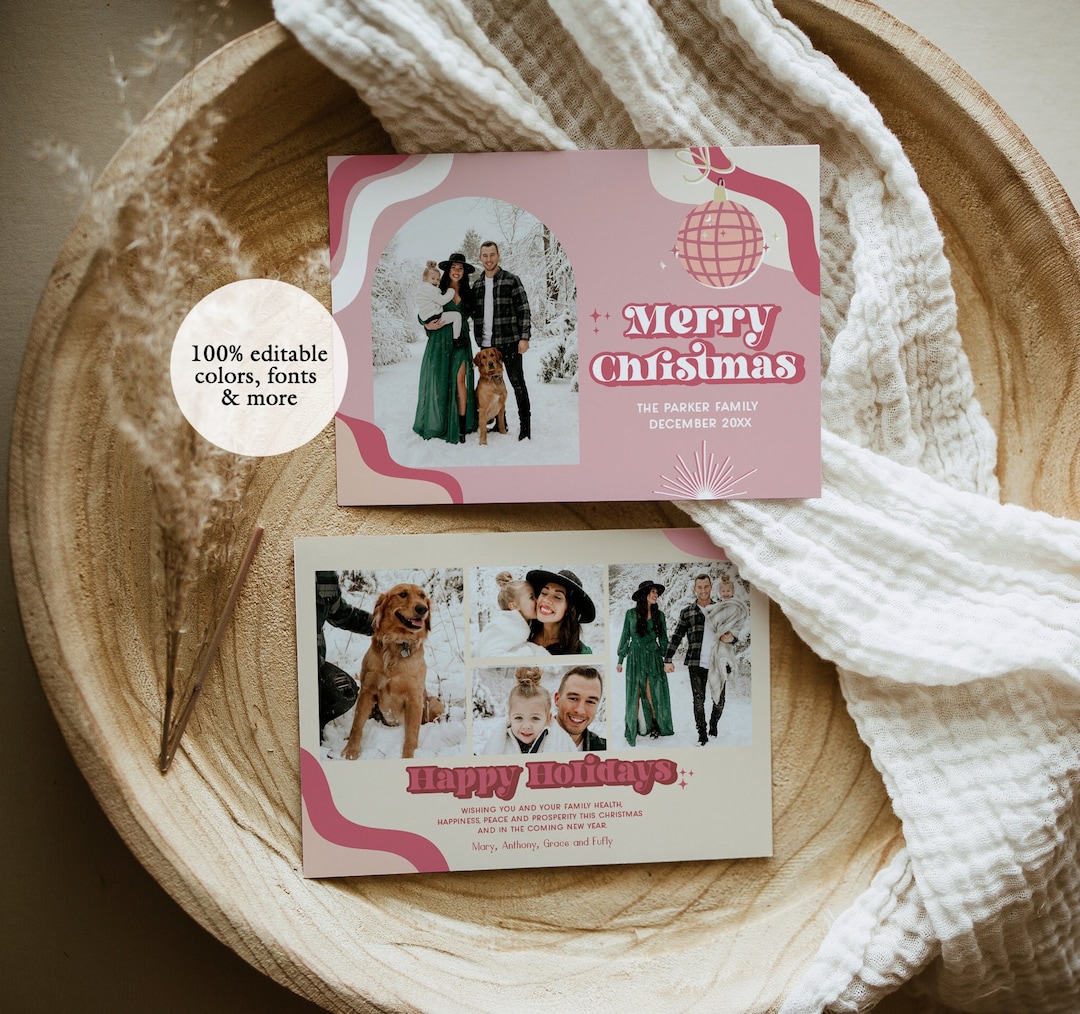 Retro Christmas Card Template, Groovy Christmas Card, Editable ...