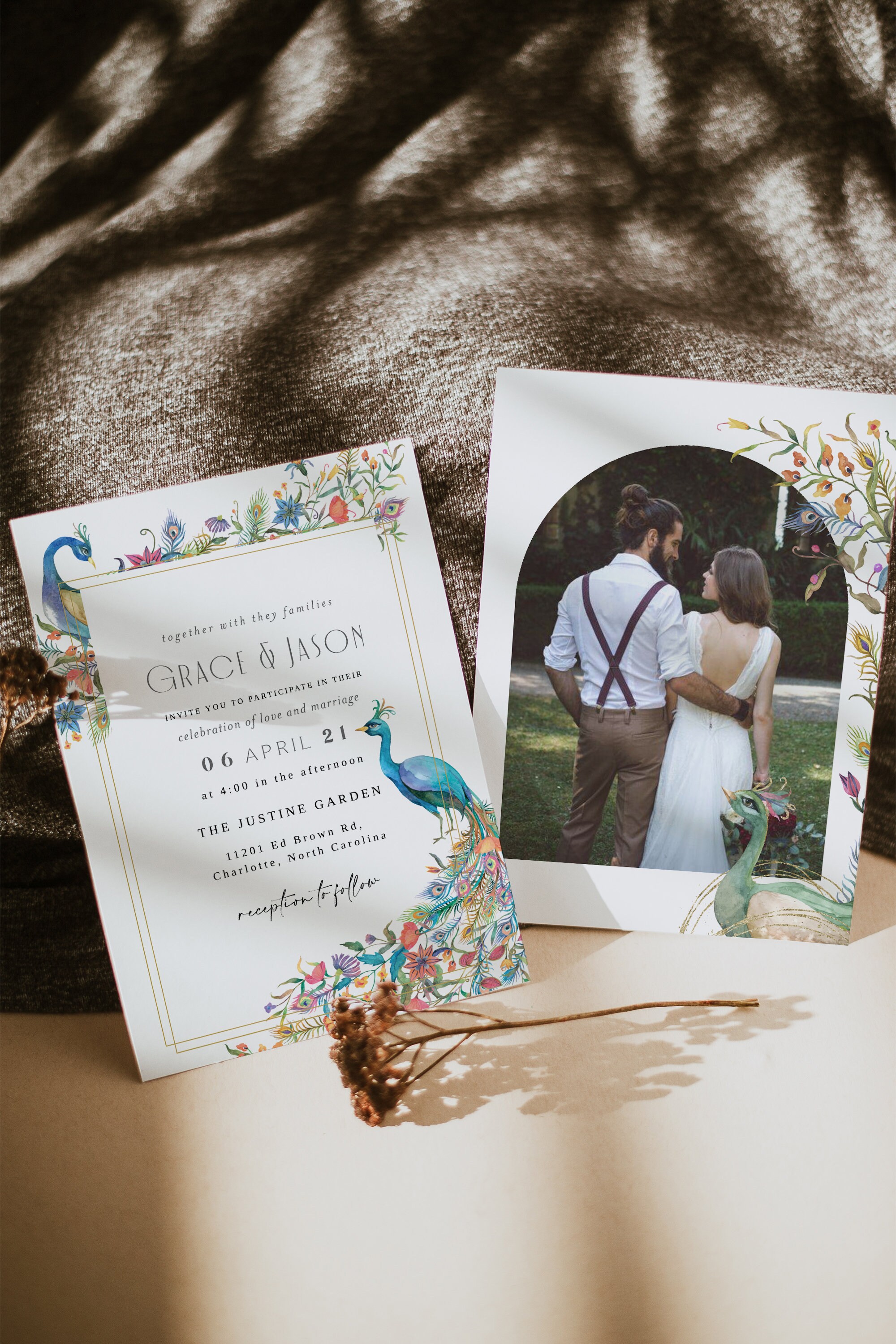 Julio Bohemian Wedding Invitation Template Peacock Wedding - Etsy