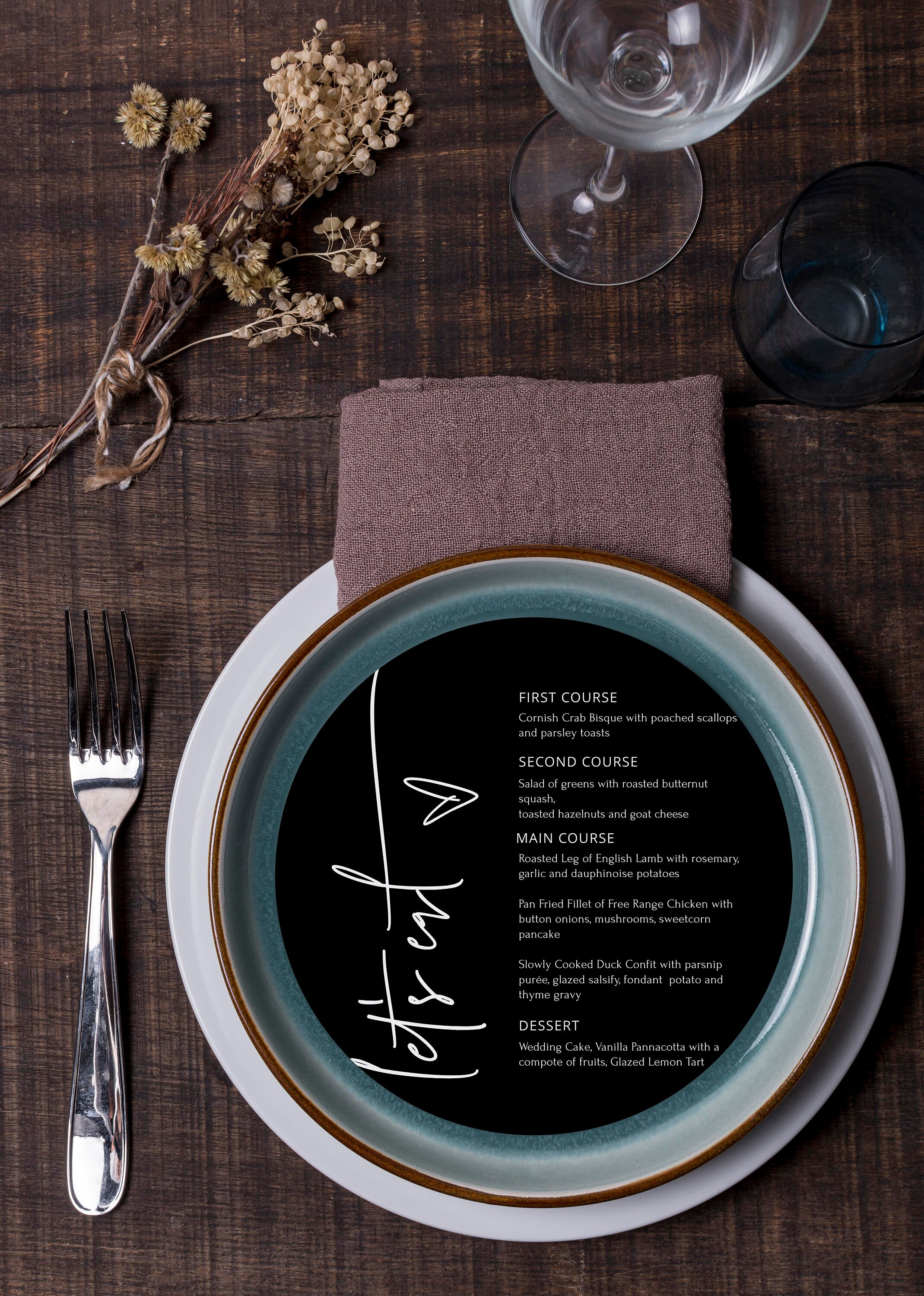 Black Wedding Round Menu Template, Round Menu Cards Template, Modern ...