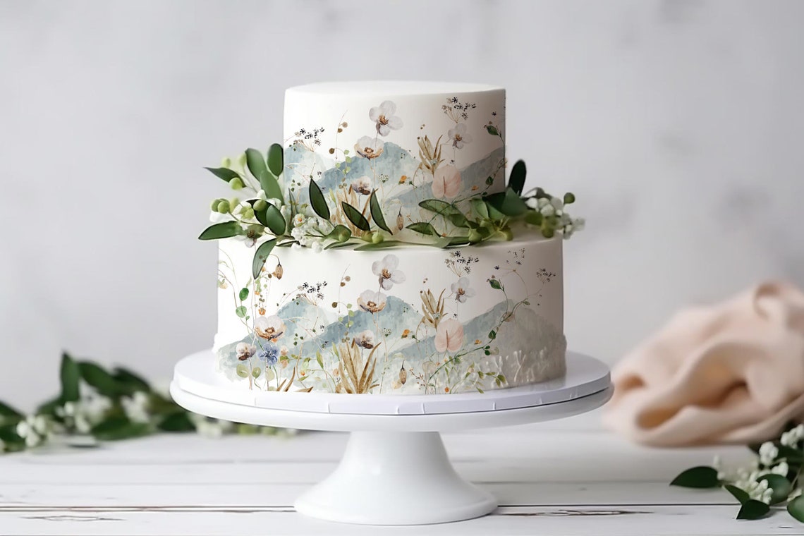Wildflower Mountain Wedding Cake Wrap Template, Mountain Wedding Cake ...