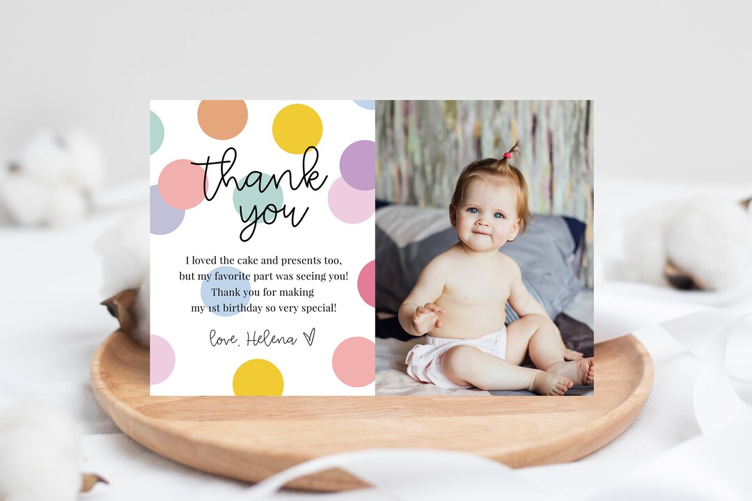 Rainbow Polka Dots Photo Thank You Card, Rainbow Birthday Photo Thank ...